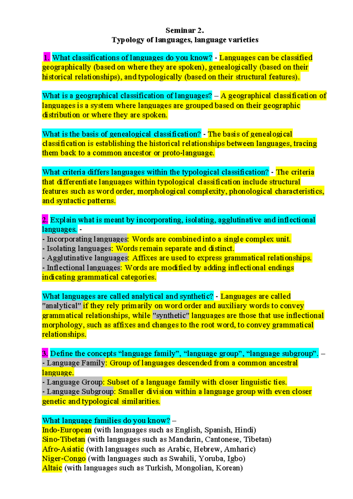 семінар jh 1-5 ст - Seminar 2. Typology of languages, language ...