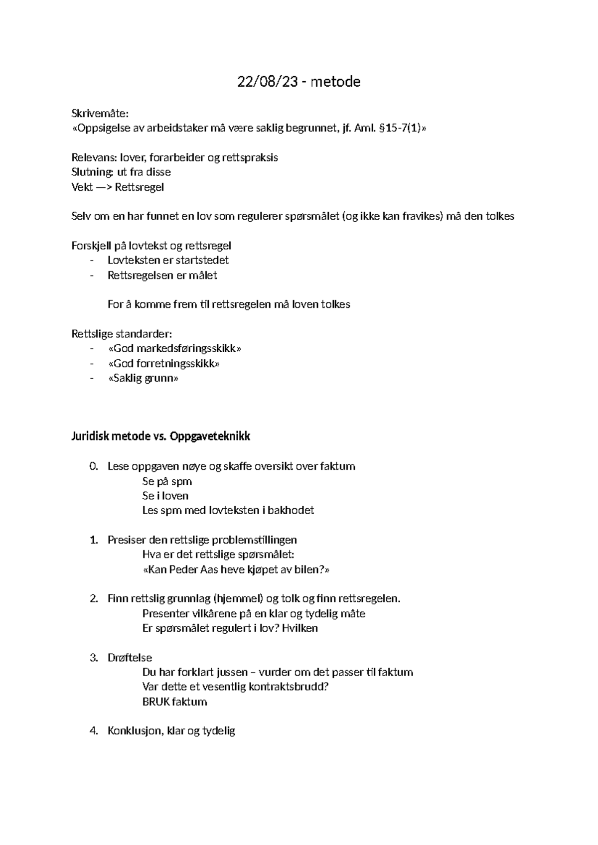 Metode - 22/08/23 - metode Skrivemåte: «Oppsigelse av arbeidstaker må ...