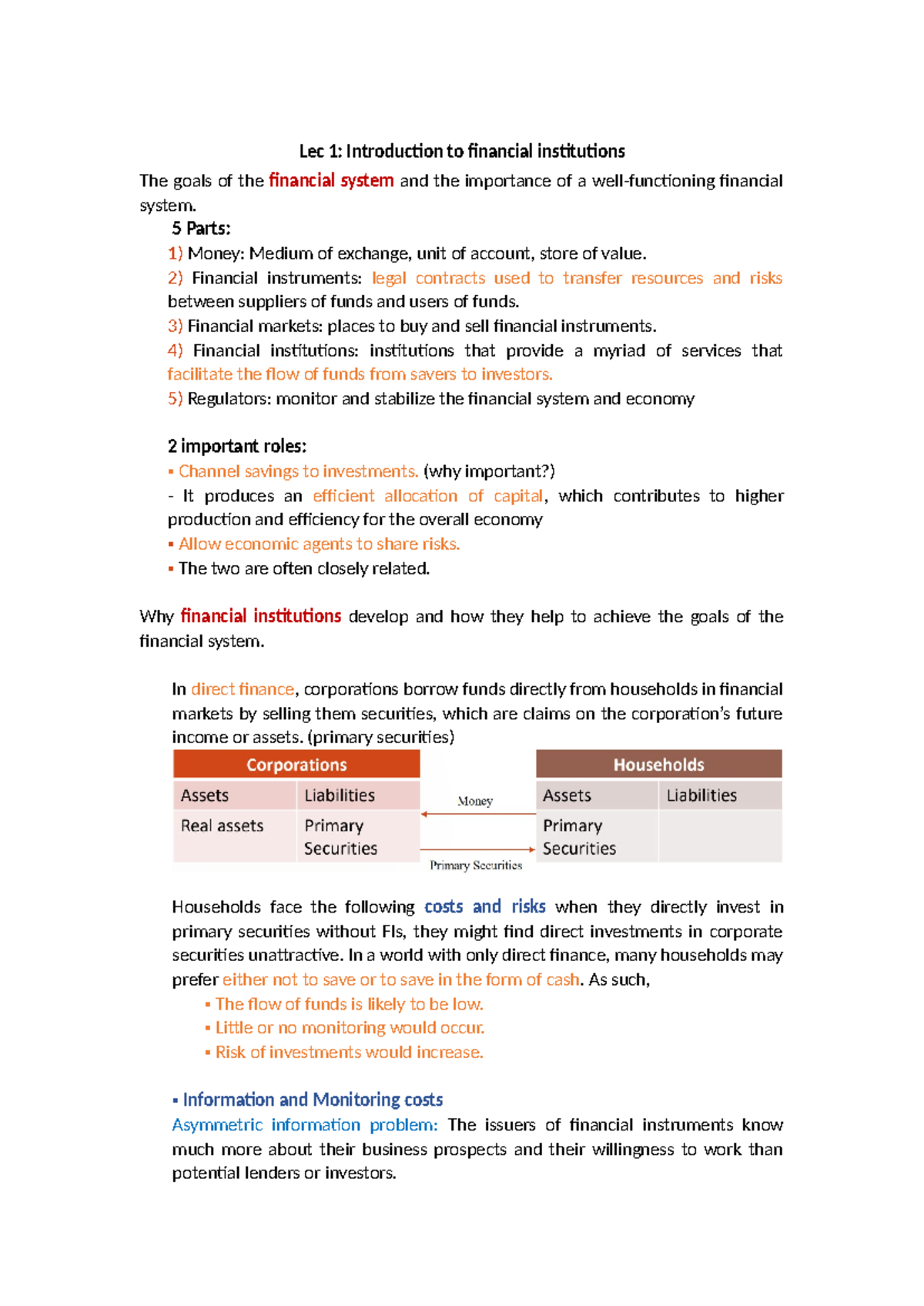 Notes - Lec 1: Introduction to financial institutions The goals of the ...