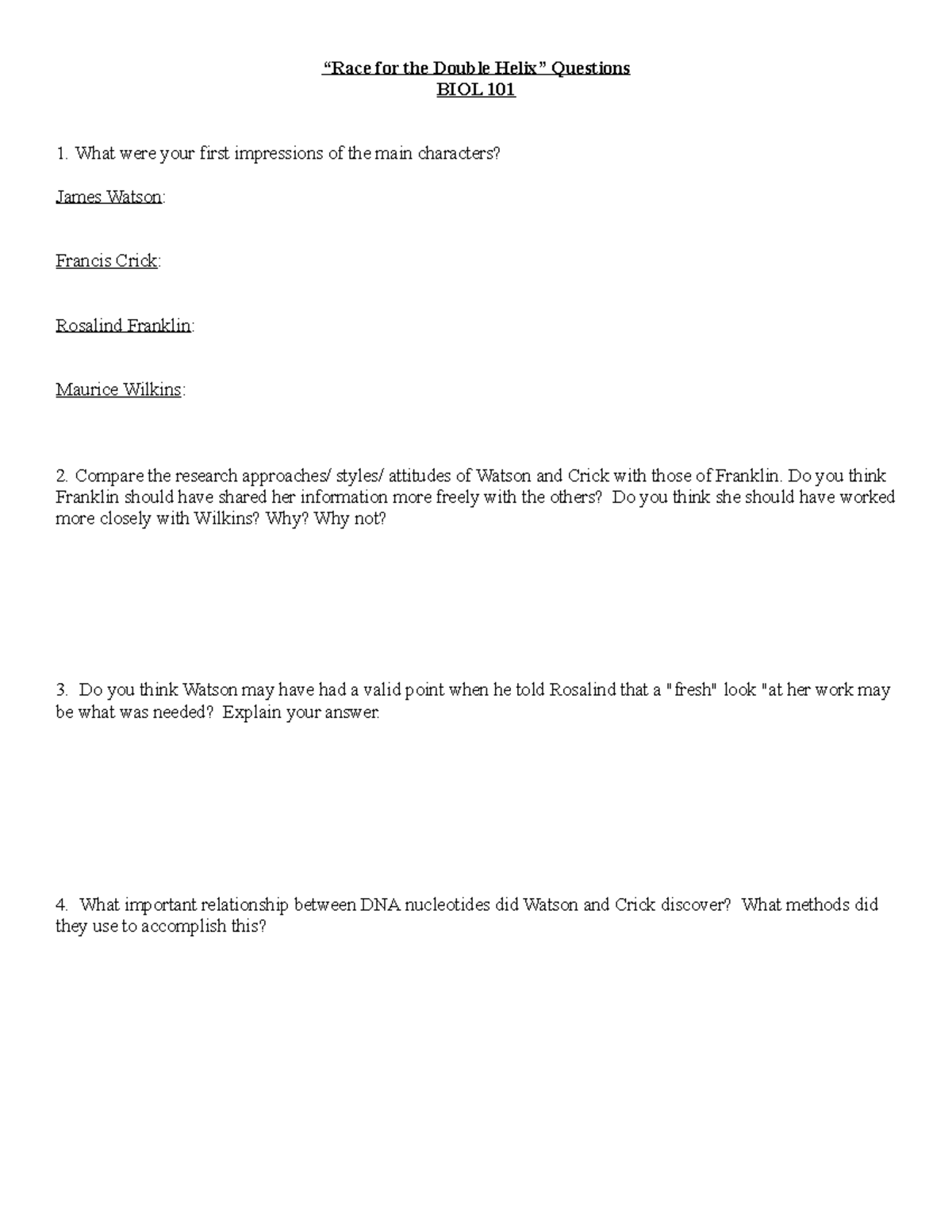Race for the Double Helix Questions - for the Double Questions BIOL 101 ...