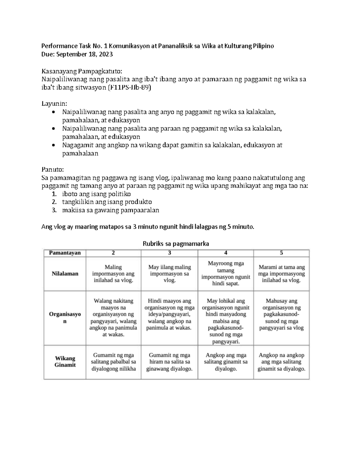PT-sa-Komunikasyon-at-Pananaliksik - Performance Task No. 1 Komunikasyon at Pananaliksik sa Wika ...