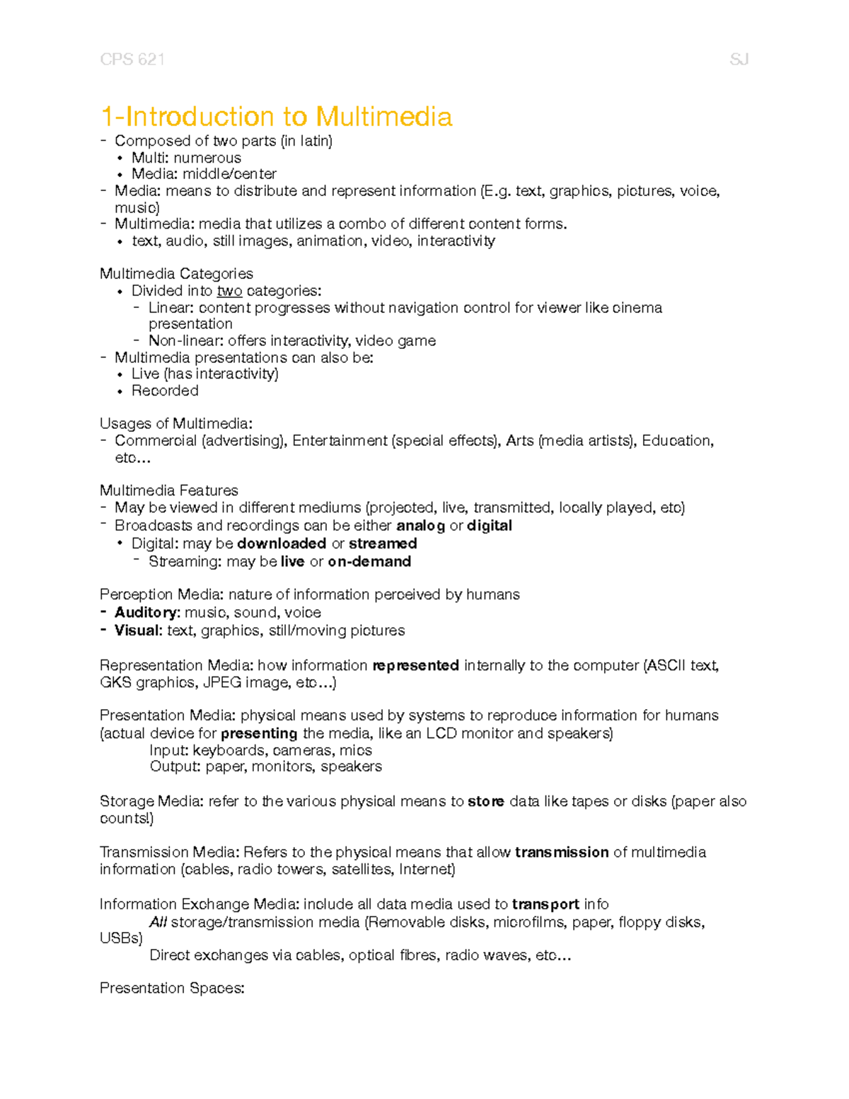 Cps621 Lecture Notes Lecture 0 3 Cps 621 Sj 1 Introduction To Multimedia Composed Of Two