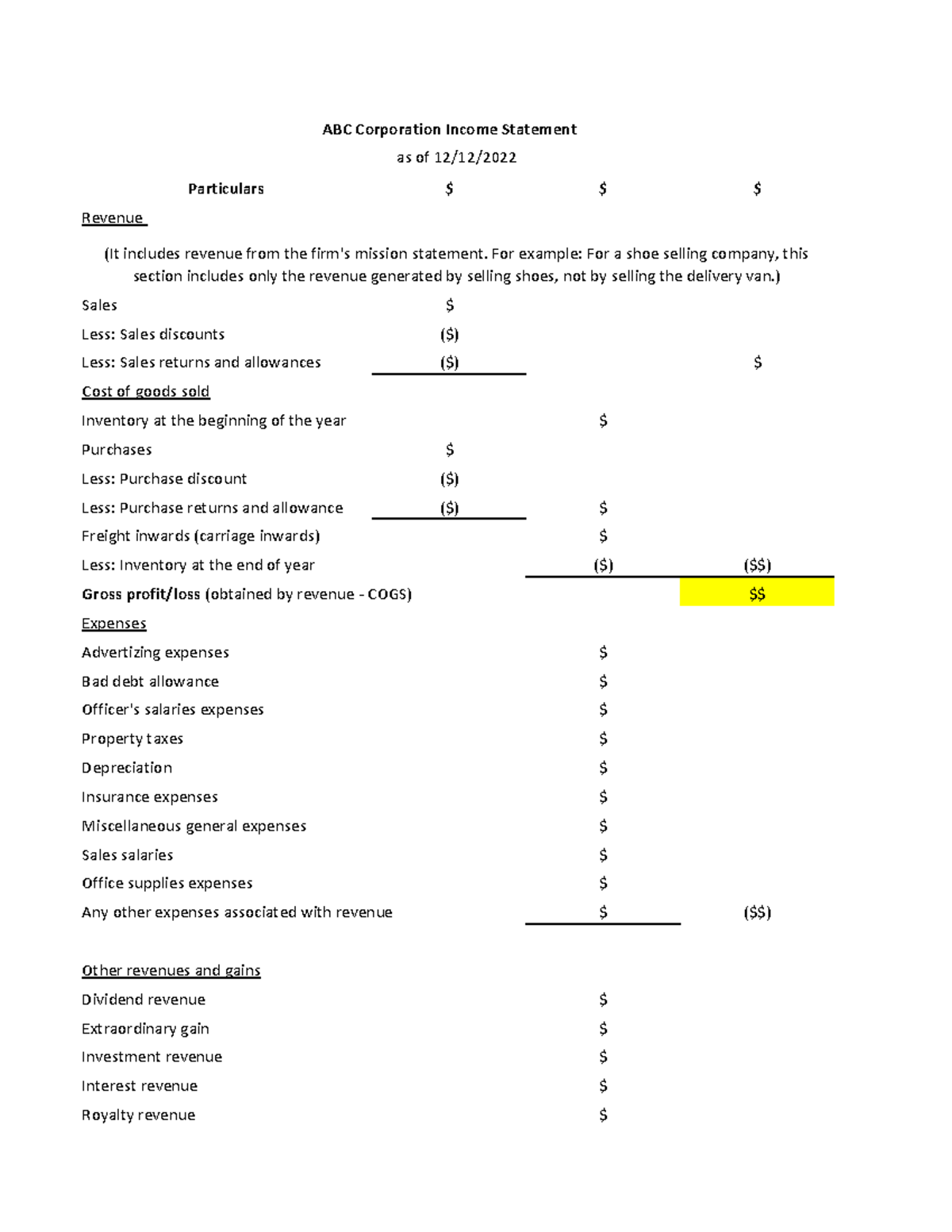 Format- Income Statement - ABC Corporation Income Statement Particulars ...