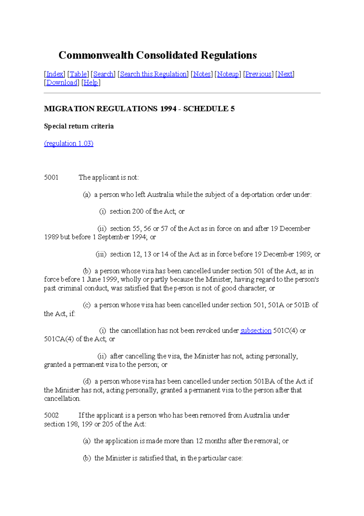 Migration Regulations 1994 - Schedule 5 Special return criteria ...