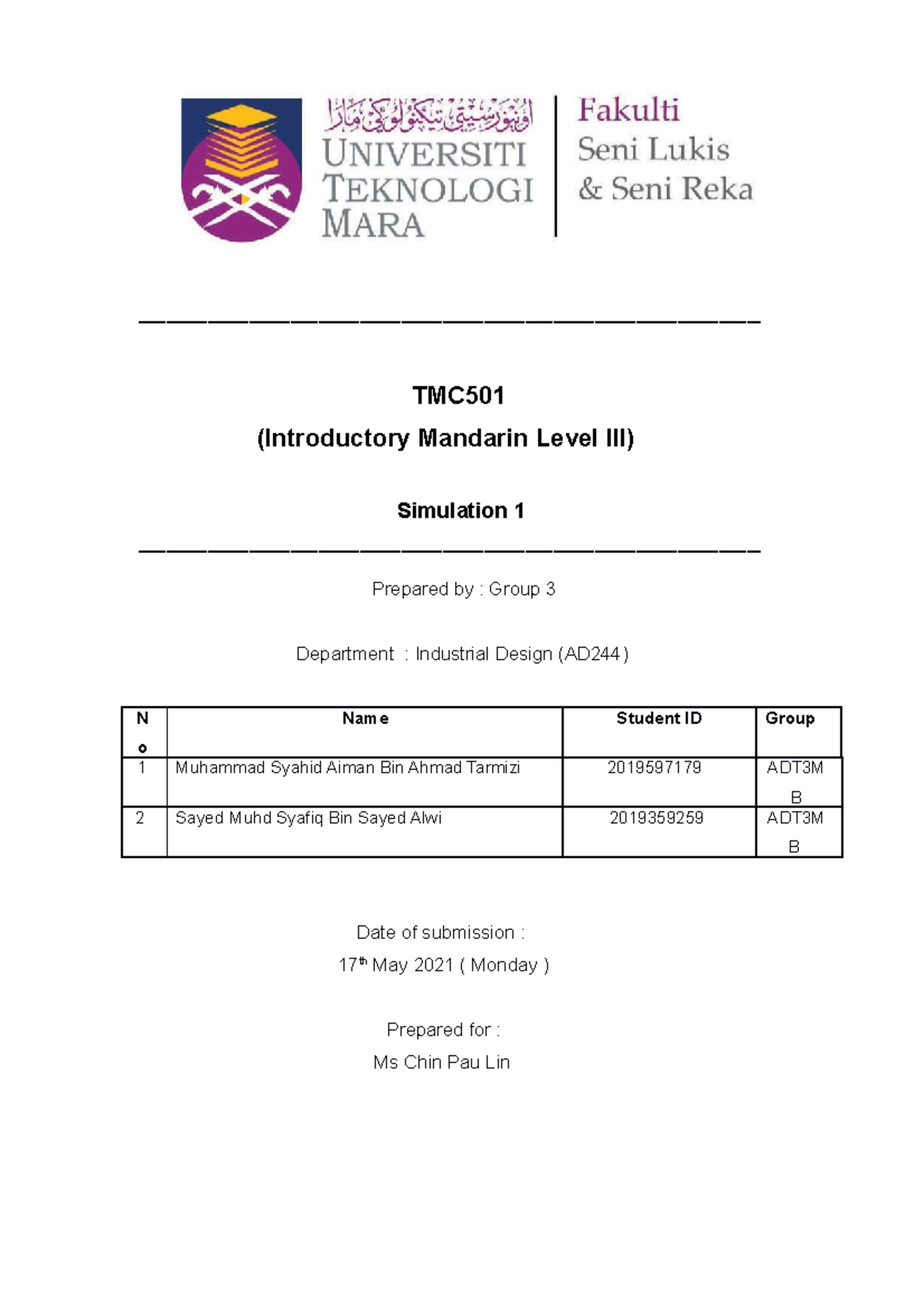 Mandarin III (TMC 501) Simulation 2 - ––––––––––––––––––––––––––––––––––––––––––––– TMC - Studocu