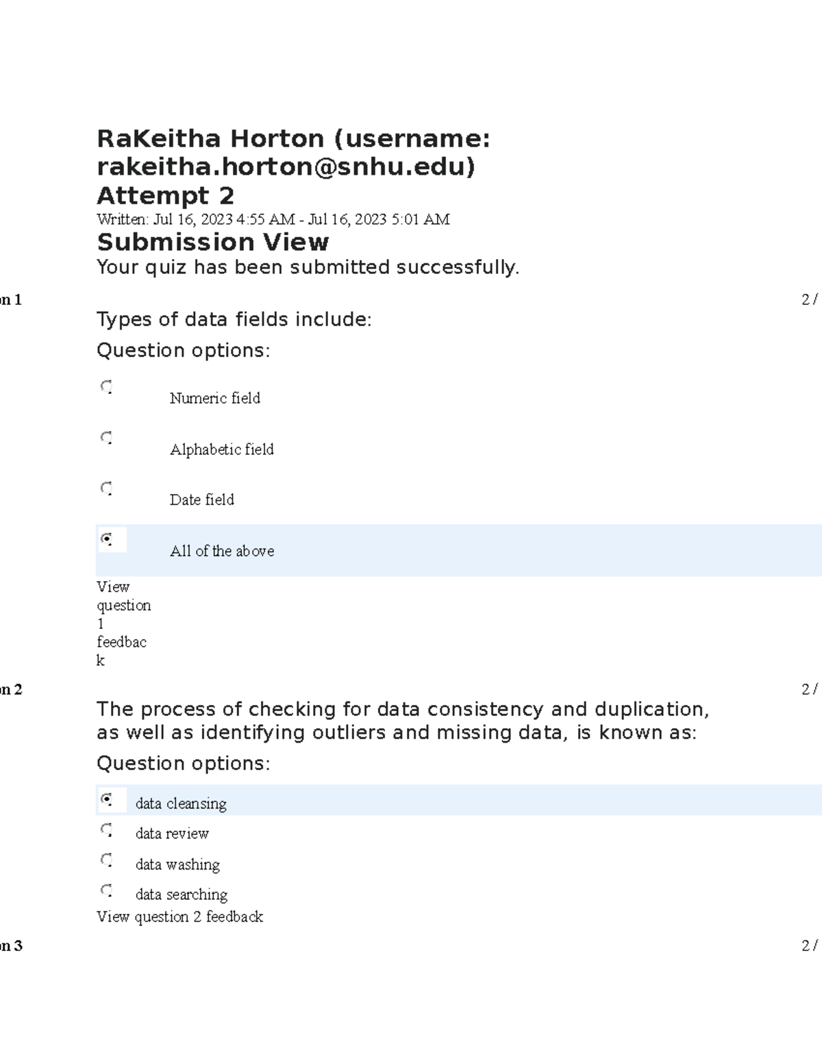 3 2 Module Three Quiz Attempt 2 Rakeitha Horton Username Rakeitha