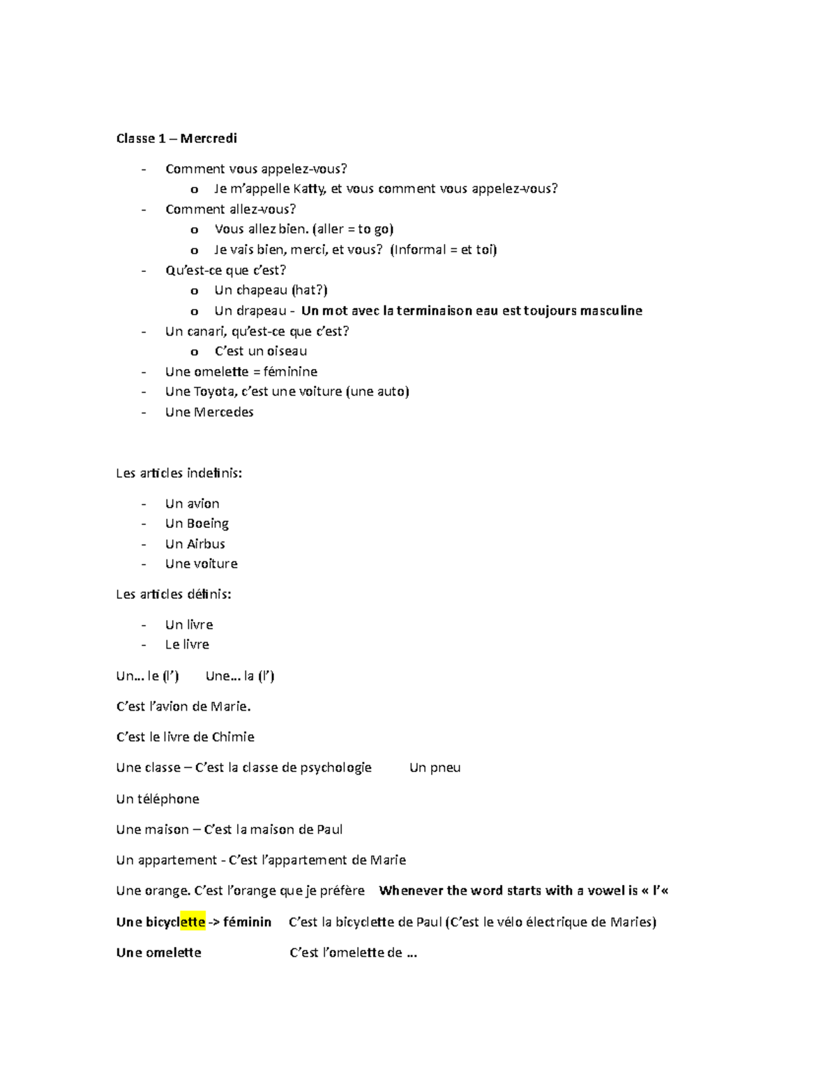 CFRE 101 Introduction to French Notes - Classe 1 – Mercredi - Comment ...