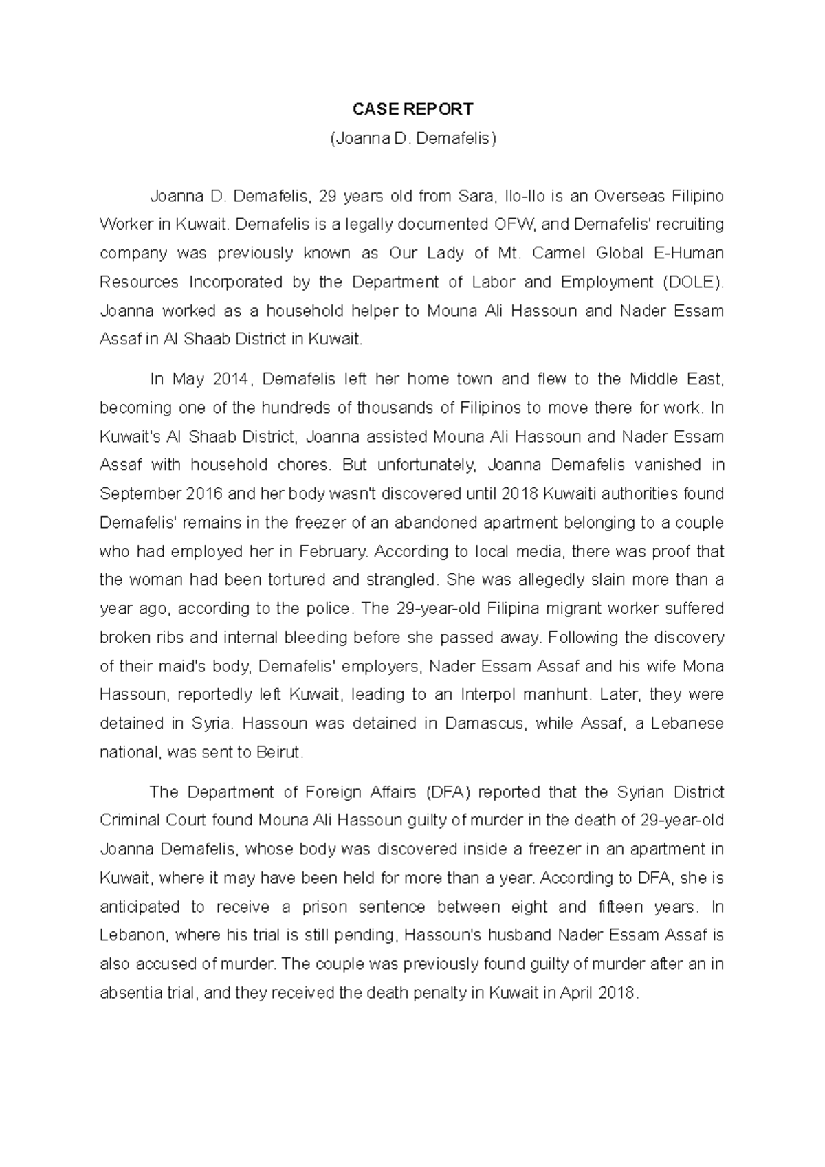 CASE Report (Cases of Murdered OFWs) - CASE REPORT (Joanna D. Demafelis) Joanna D. Demafelis, 29 ...