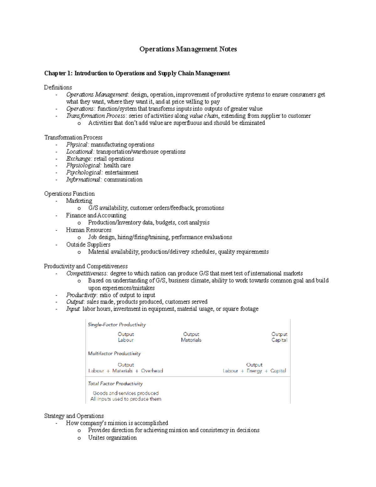 BU375 Notes - Operations Management Notes Chapter 1: Introduction to ...