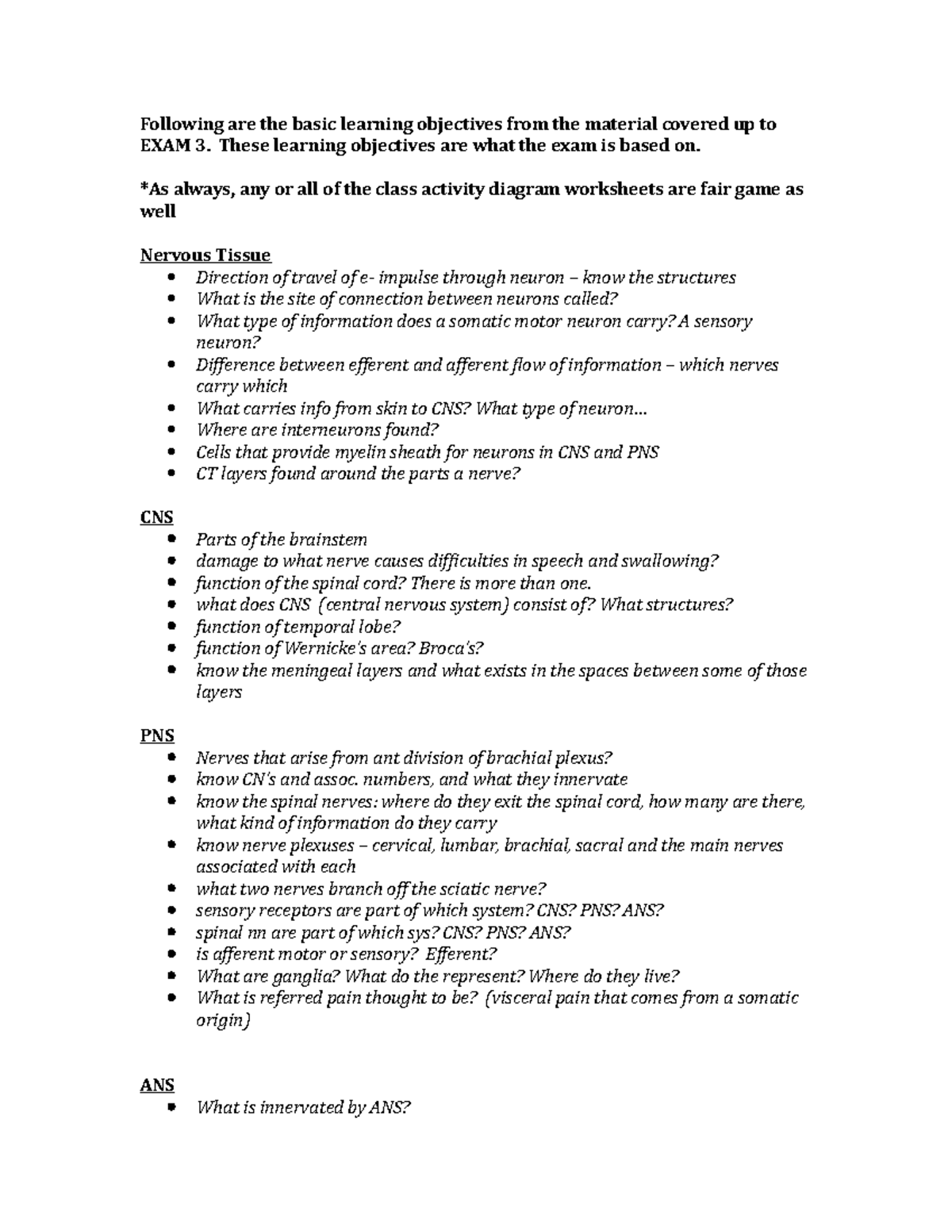Exam 3 Student guide - Following are the basic learning objectives from ...