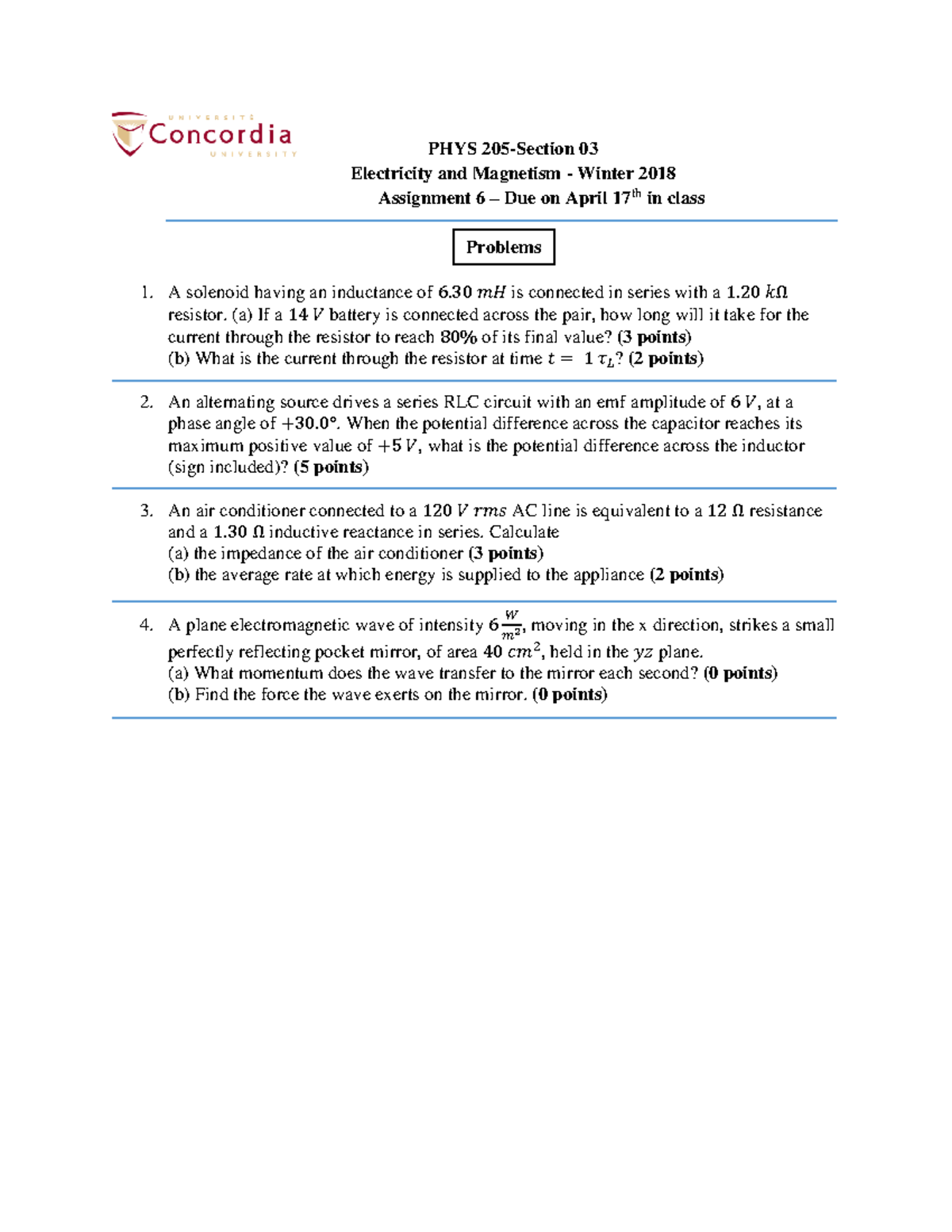 A6 - Exam/Practice - PHYS 205-Section 03 Electricity and Magnetism ...
