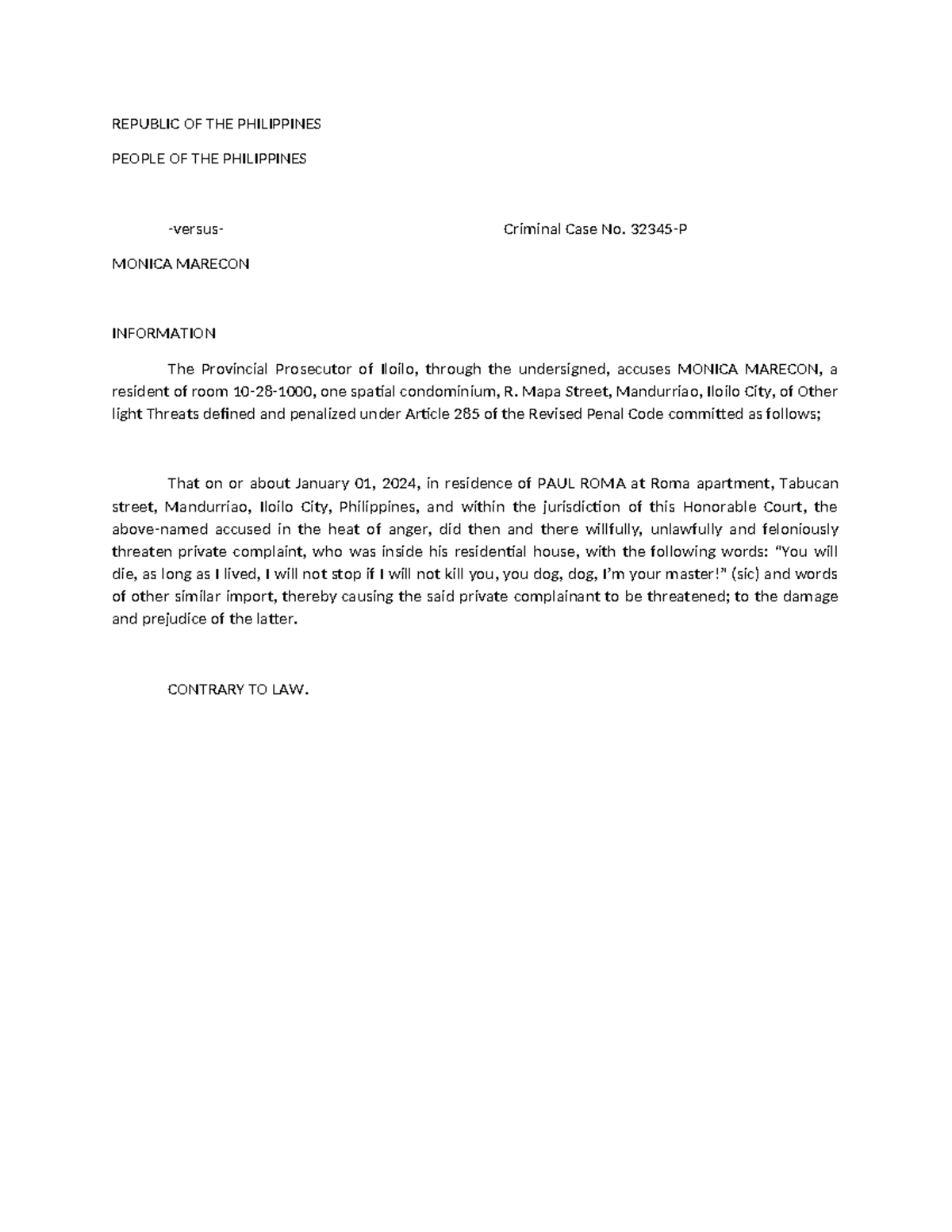 Information - sample - REPUBLIC OF THE PHILIPPINES PEOPLE OF THE ...