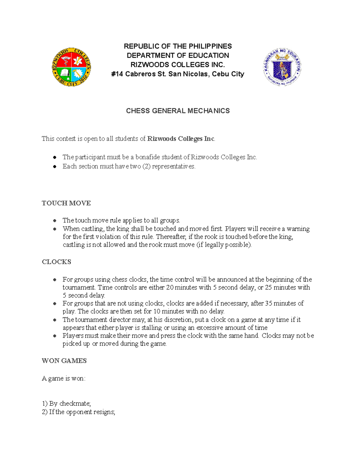 Chess- Mechanics - REPUBLIC OF THE PHILIPPINES DEPARTMENT OF EDUCATION ...