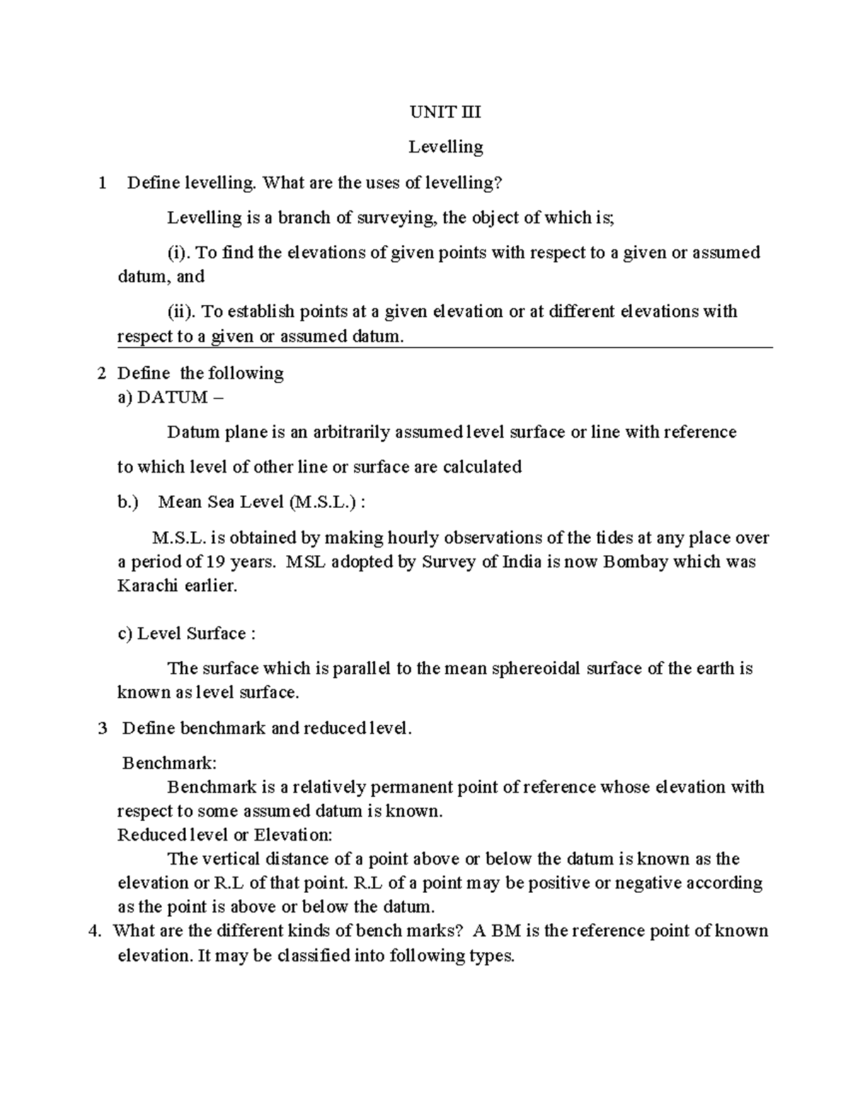 Survey Module 3 - 2sem-levelling - UNIT III Levelling 1 Define ...