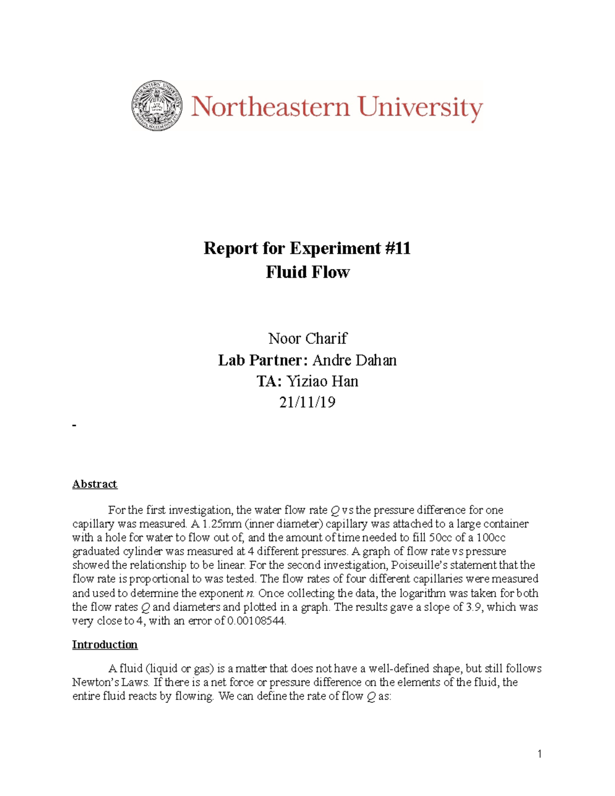 Report for Experiment #11 - Report for Experiment Fluid Flow Noor ...