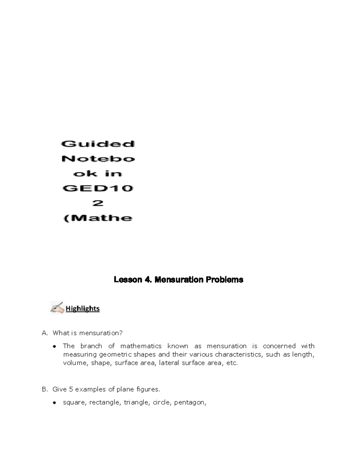 WGN5 - weekly guided notebook - Lesson 4. Mensuration Problems A. What ...