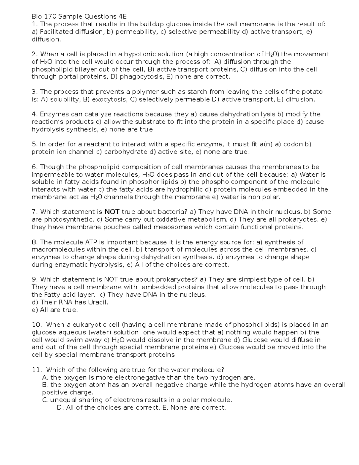 Sample Questions 4B - lecture notes to get A - Bio 170 Sample Questions ...