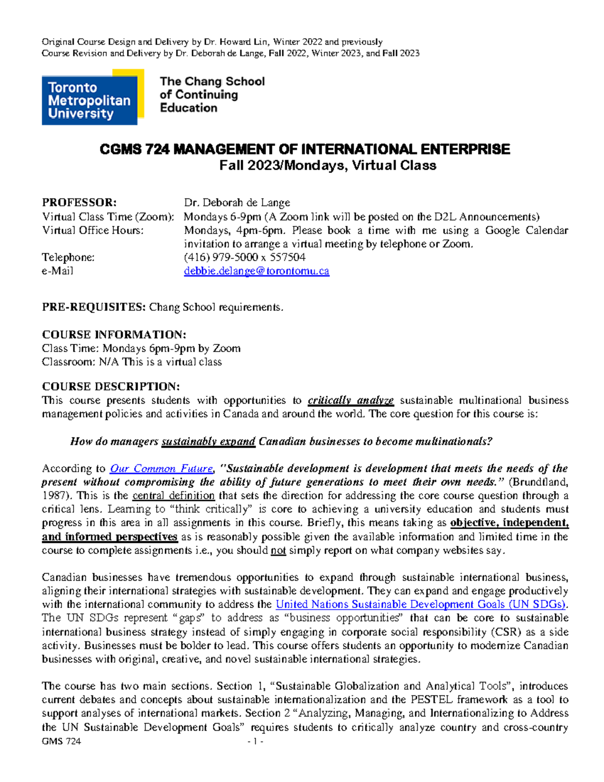 Syllabus Fall 2023 DDL virtual CGMS 724 - Course Revision and Delivery by Dr. Deborah de Lange ...