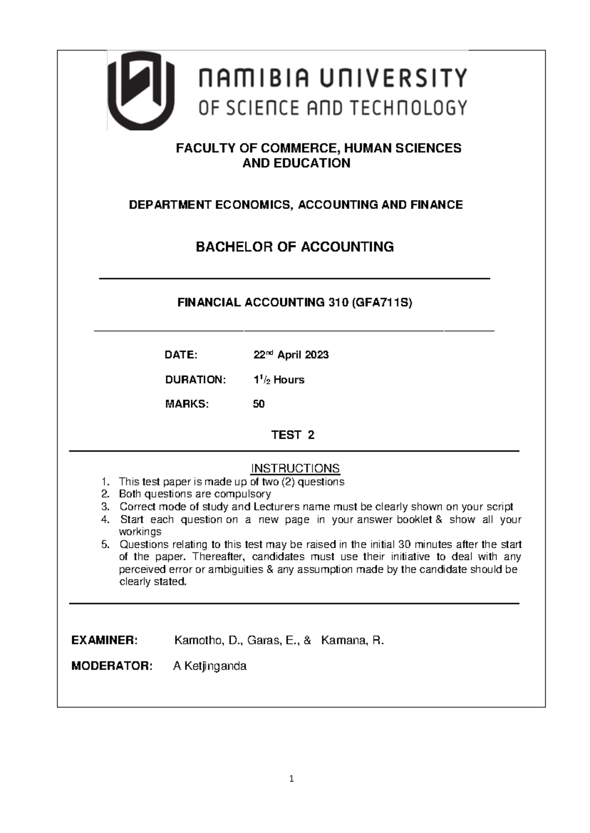 FAC 310 Test 2 2023 - Test 2 - FACULTY OF COMMERCE, HUMAN SCIENCES AND ...
