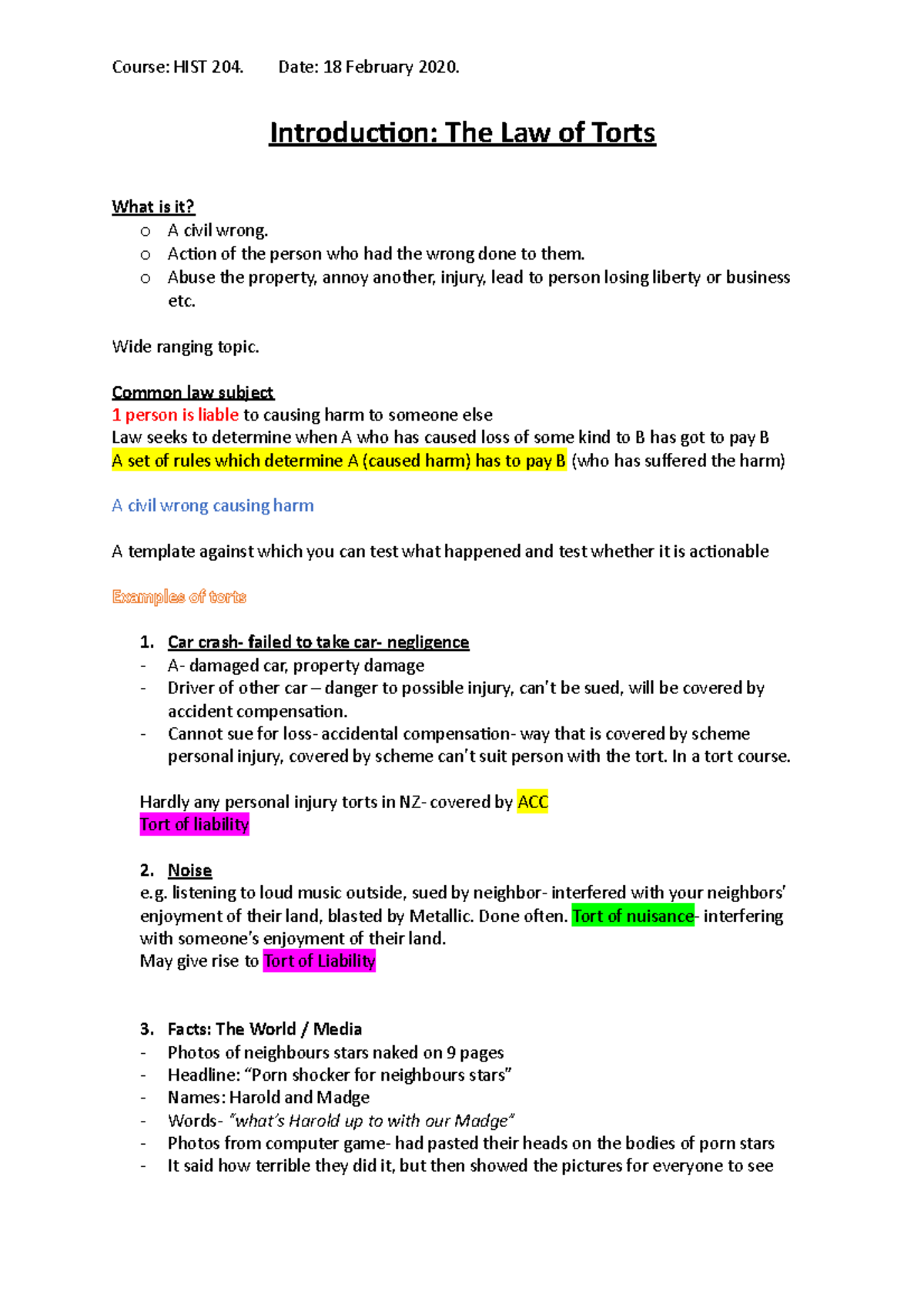 The Law of Torts - Introduction: The Law of Torts What is it? o A civil ...