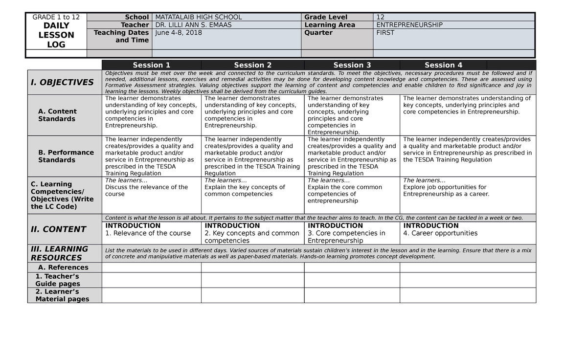 Daily Lesson Log - Entrepreneurship - DLL - Session 1 Session 2 Session ...
