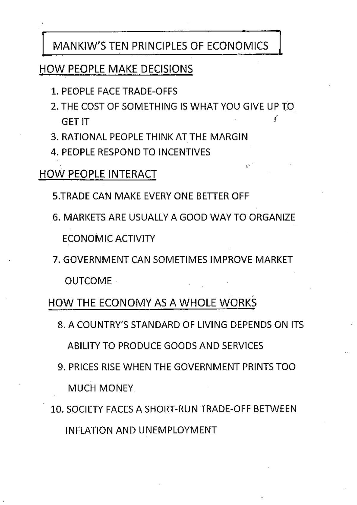 Macro 1 - Lecture notes 1 - MA-NKIW’S TEN PRINCIPLES OF ECONOMICS ...