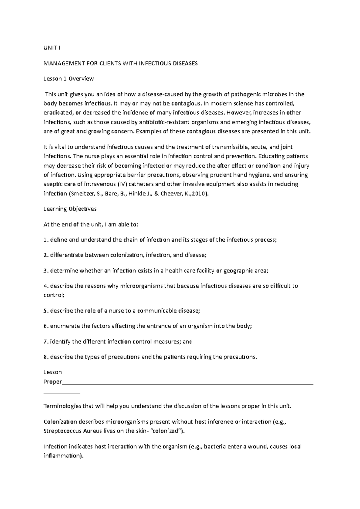 3Is Module - UNIT I MANAGEMENT FOR CLIENTS WITH INFECTIOUS DISEASES ...