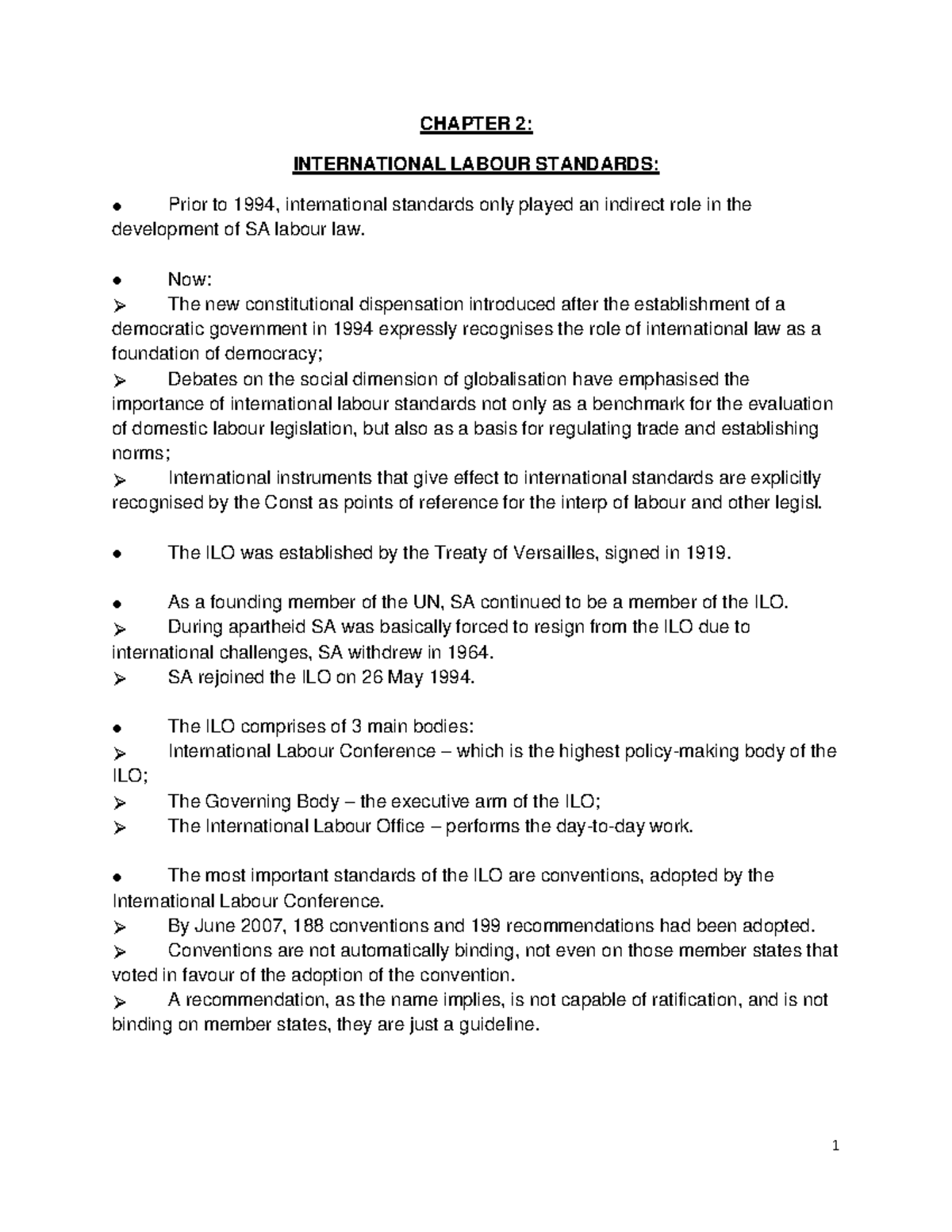 Final labour law notes - CHAPTER 2: INTERNATIONAL LABOUR STANDARDS ...