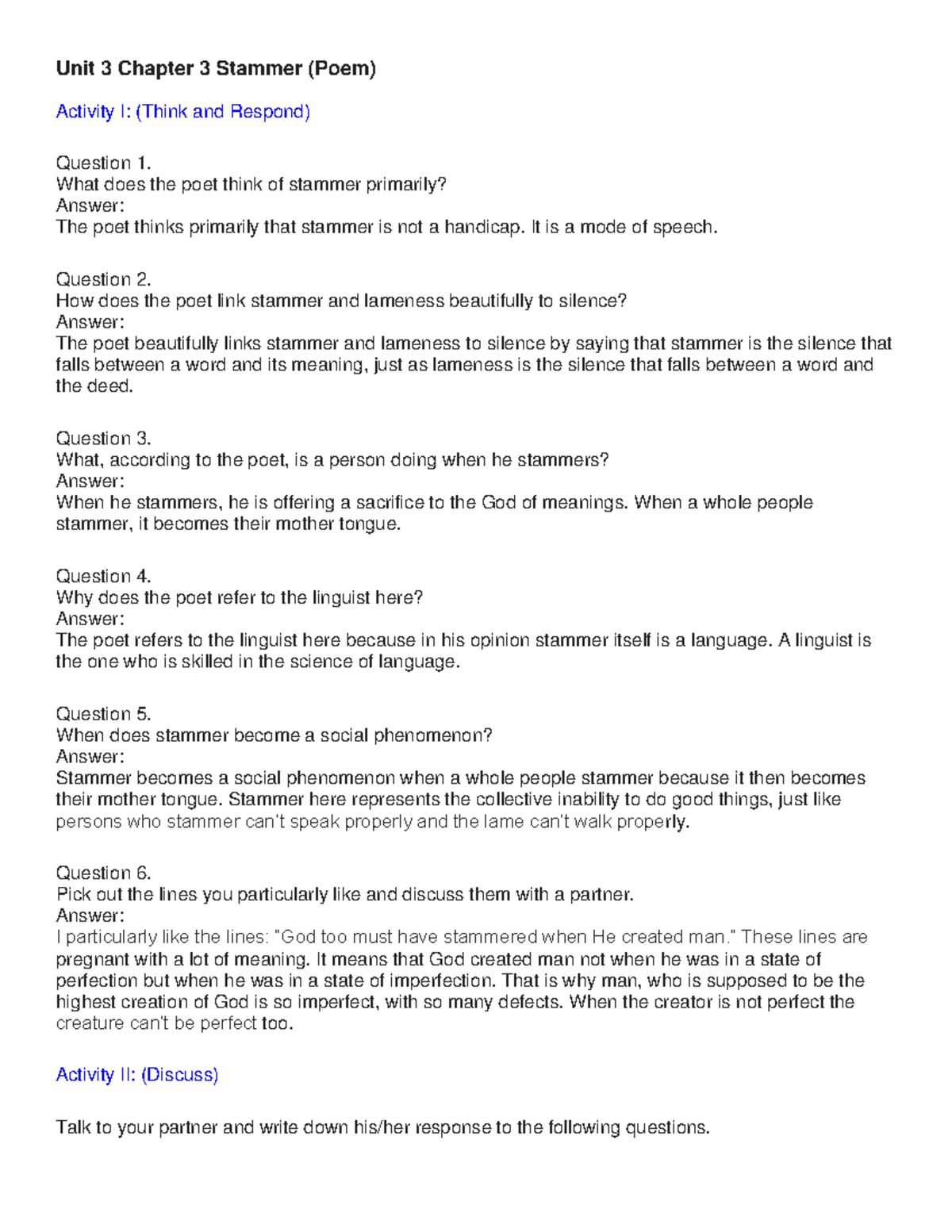 English Stammer - Unit 3 Chapter 3 Stammer (Poem) Activity I: (Think ...