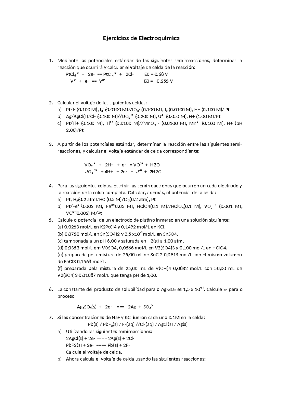 Ejercicios Electroqu+imica - Ejercicios de Electroquìmica Mediante los ...