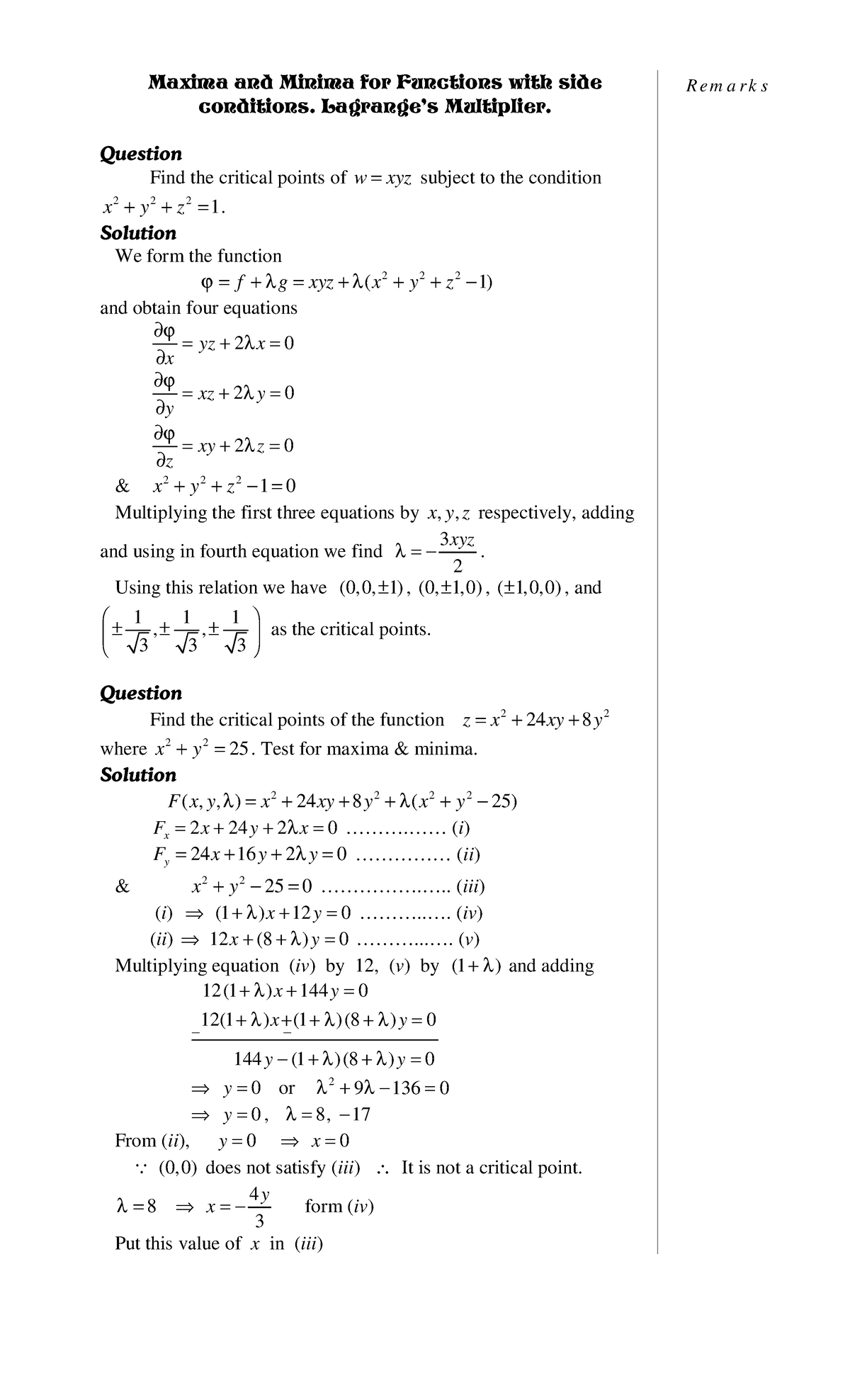 Maxiam minima with side condition - Maxima and Minima for Functions with side conditions ...