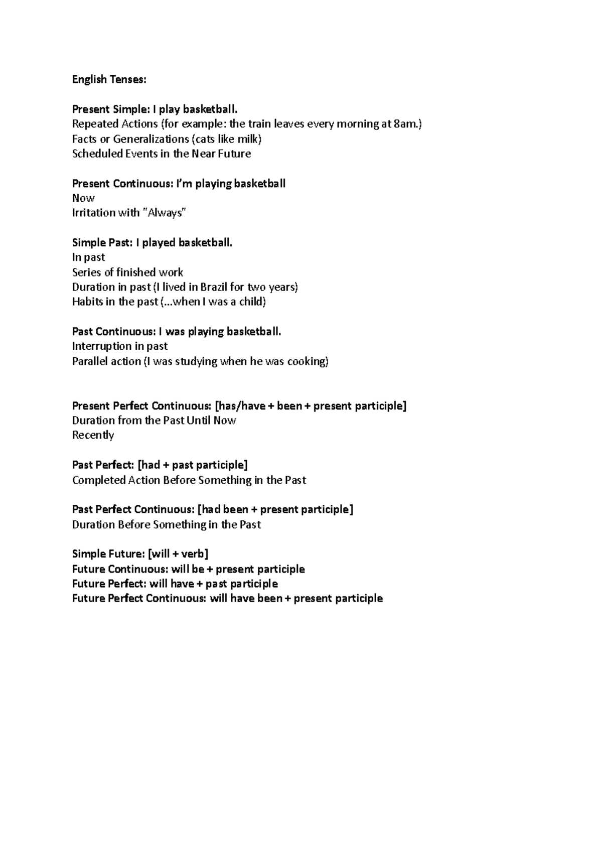 English Tenses - English Tenses: Present Simple: I play basketball ...