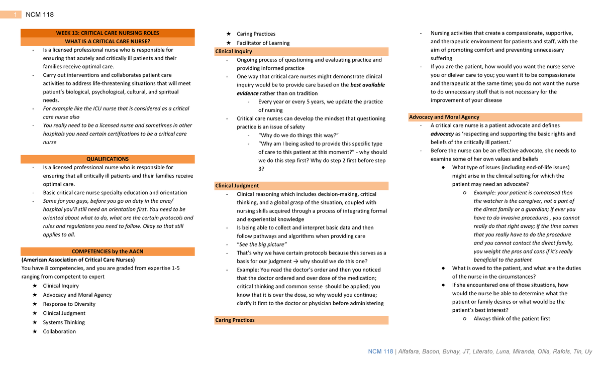10-WEEK-13 - Critical-CARE- Nursing- Roles - WEEK 13: CRITICAL CARE ...