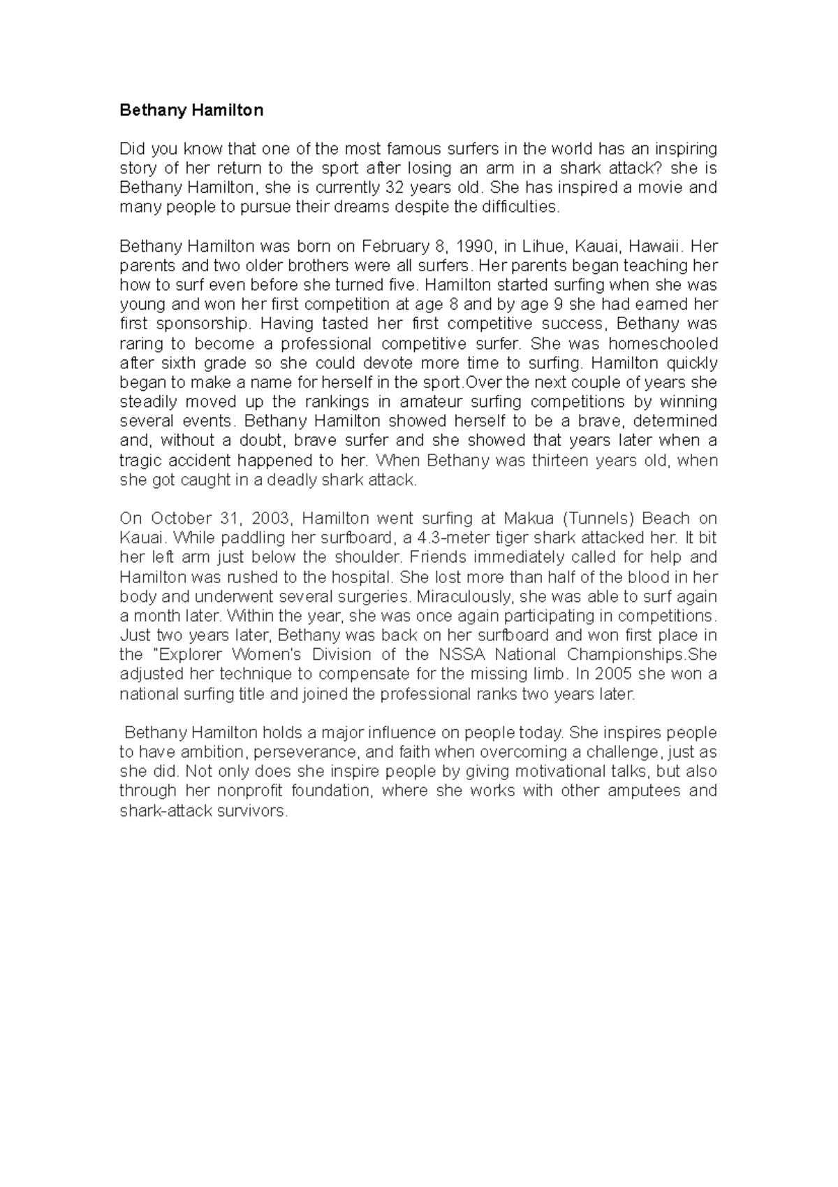 Bethany Hamilton - A9 ICPNA - Bethany Hamilton Did you know that one of ...