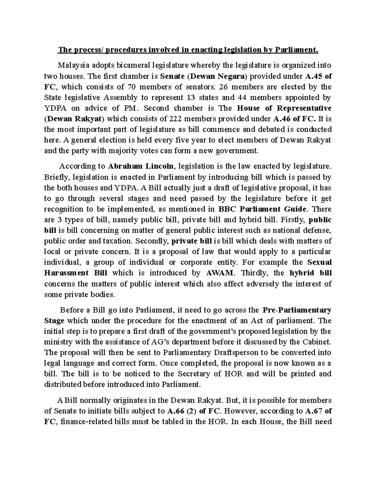 Process and procedures to enact legislation by Parliament - The process ...