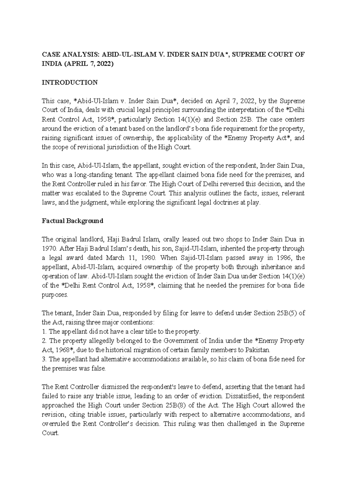 CASE Analysis ABID-UL- Islam V - CASE ANALYSIS: ABID-UL-ISLAM V. INDER ...