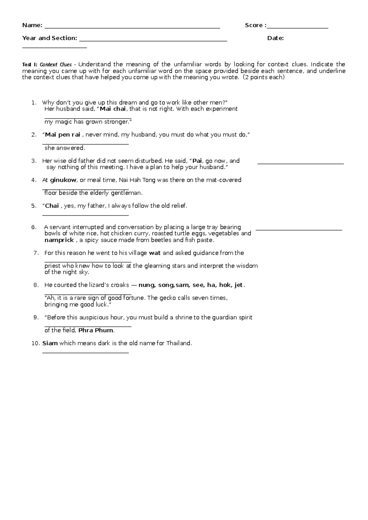 English Practice Test - This contains exercises on context clues ...