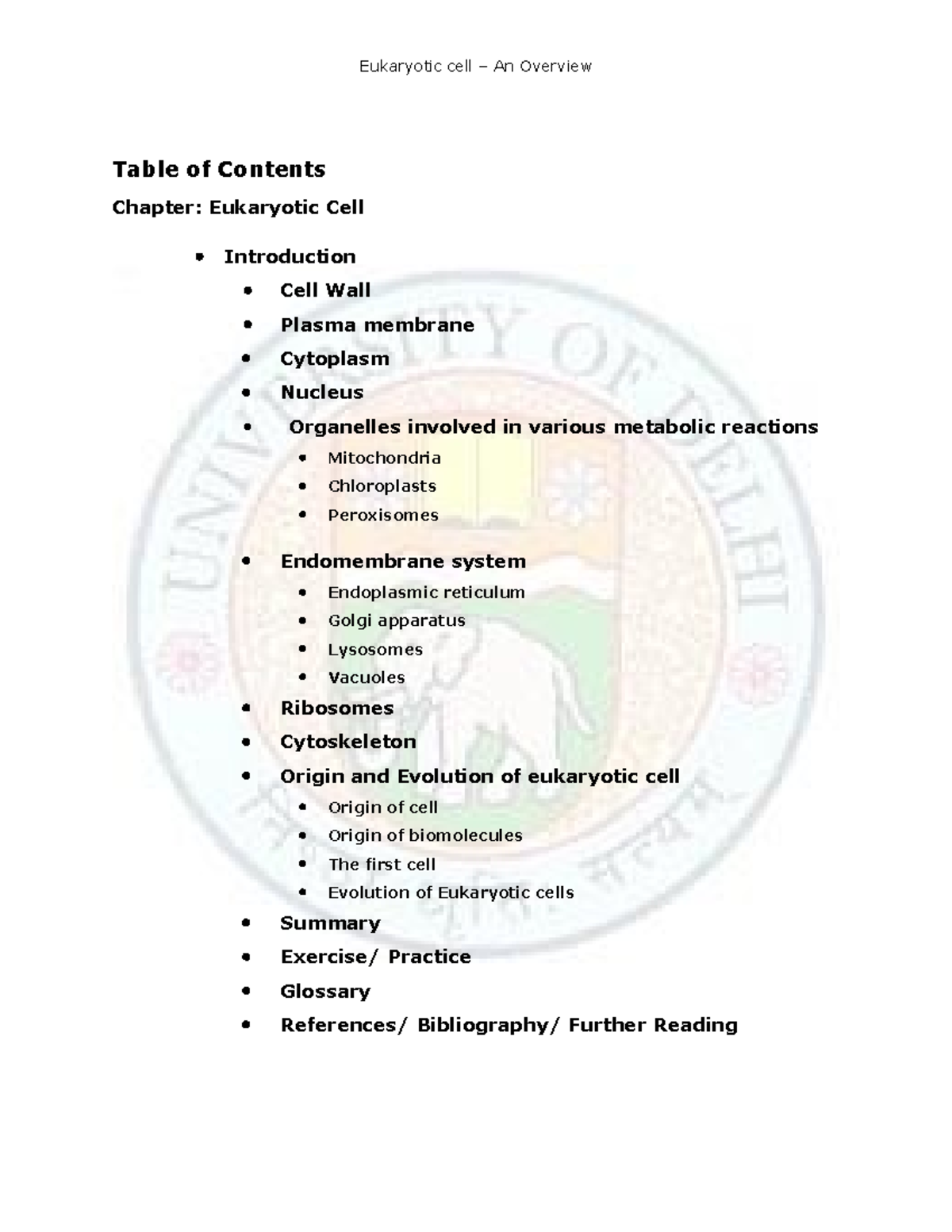 Unit -10 Eukaryotic cell - Eukaryotic cell – An Overview Table of ...