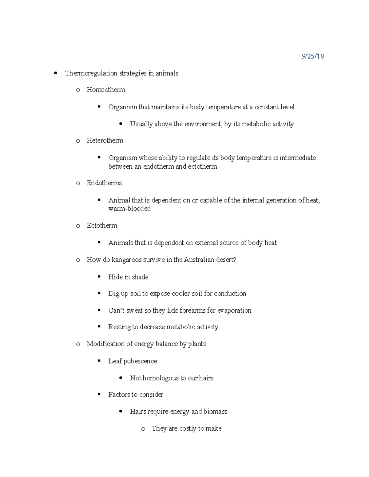 Lecture 6 - 9.25.18 - 9/25/18 Thermoregulation strategies in animals o ...
