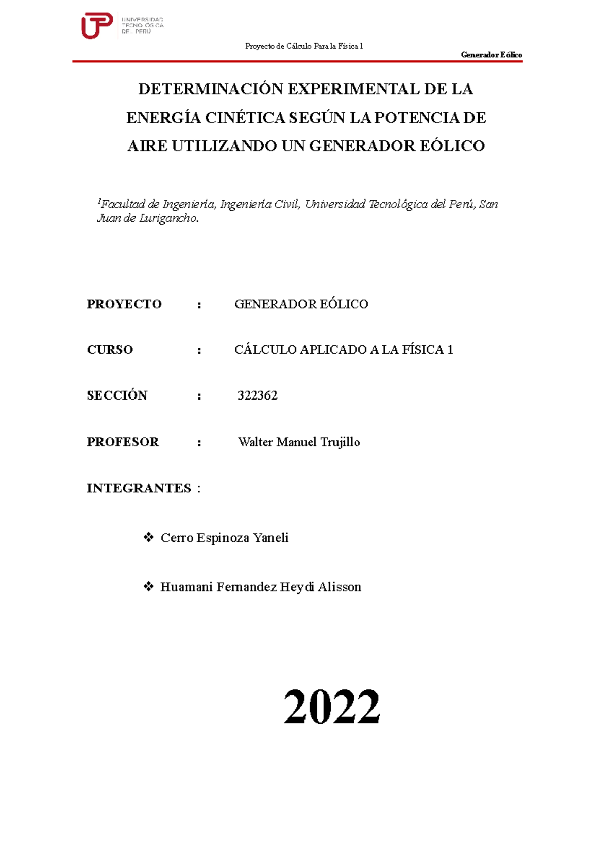 Proyecto Final DE Fisica - Generador Eólico DETERMINACIÓN EXPERIMENTAL ...