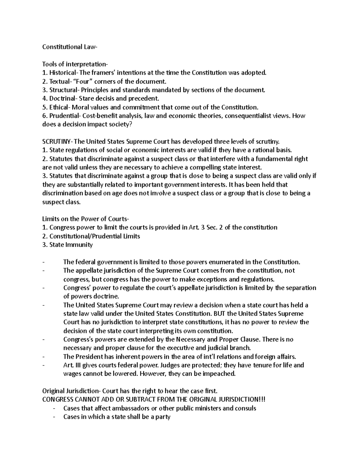 Constitutional Law - outline for class - Constitutional Law- Tools of ...