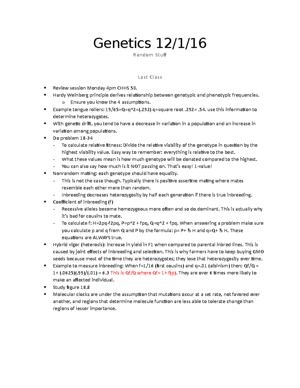 Genetics 12-1-16 - Lecture notes 20 - Genetics 12/1/16 Random Stuff ...