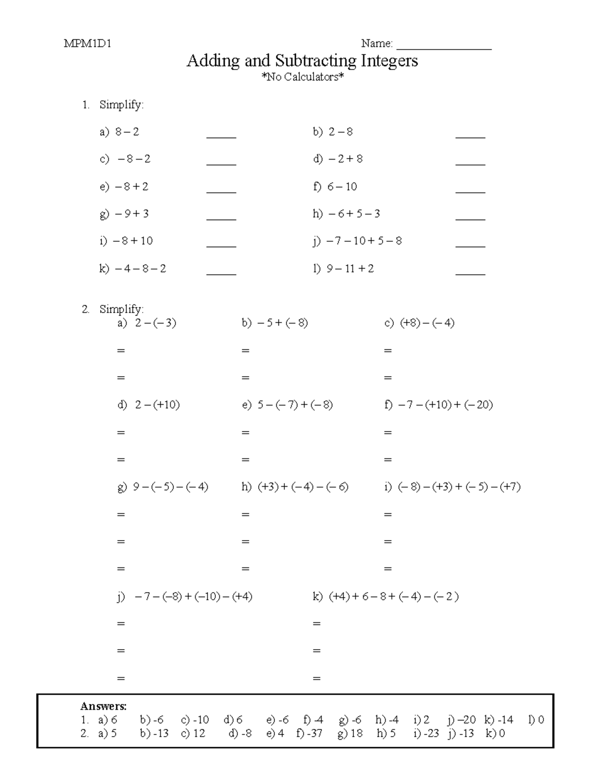 Add Sub Integers Worksheet - Answers: a) 6a) 5 b) -6b) -13 c) -10c) 12 ...