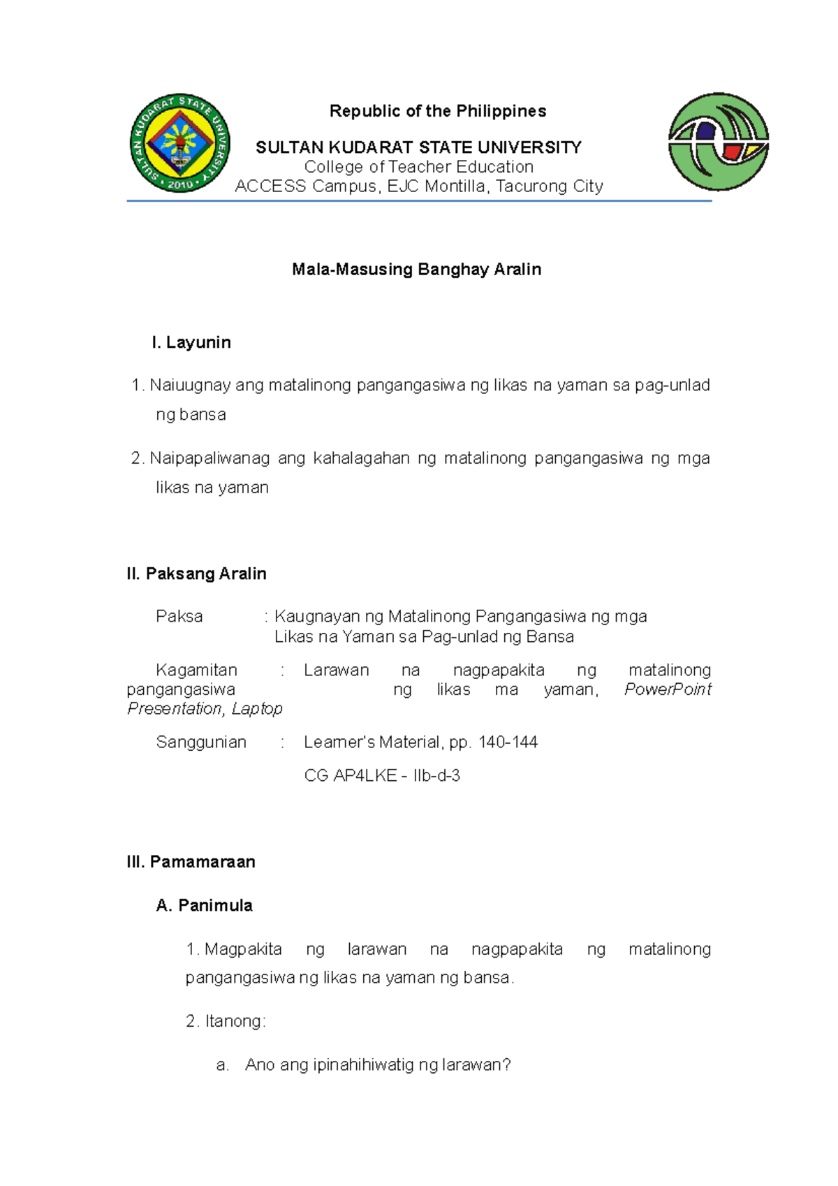 Lesson PLAN IN APAN 4 - DSDCDC - Republic of the Philippines SULTAN ...