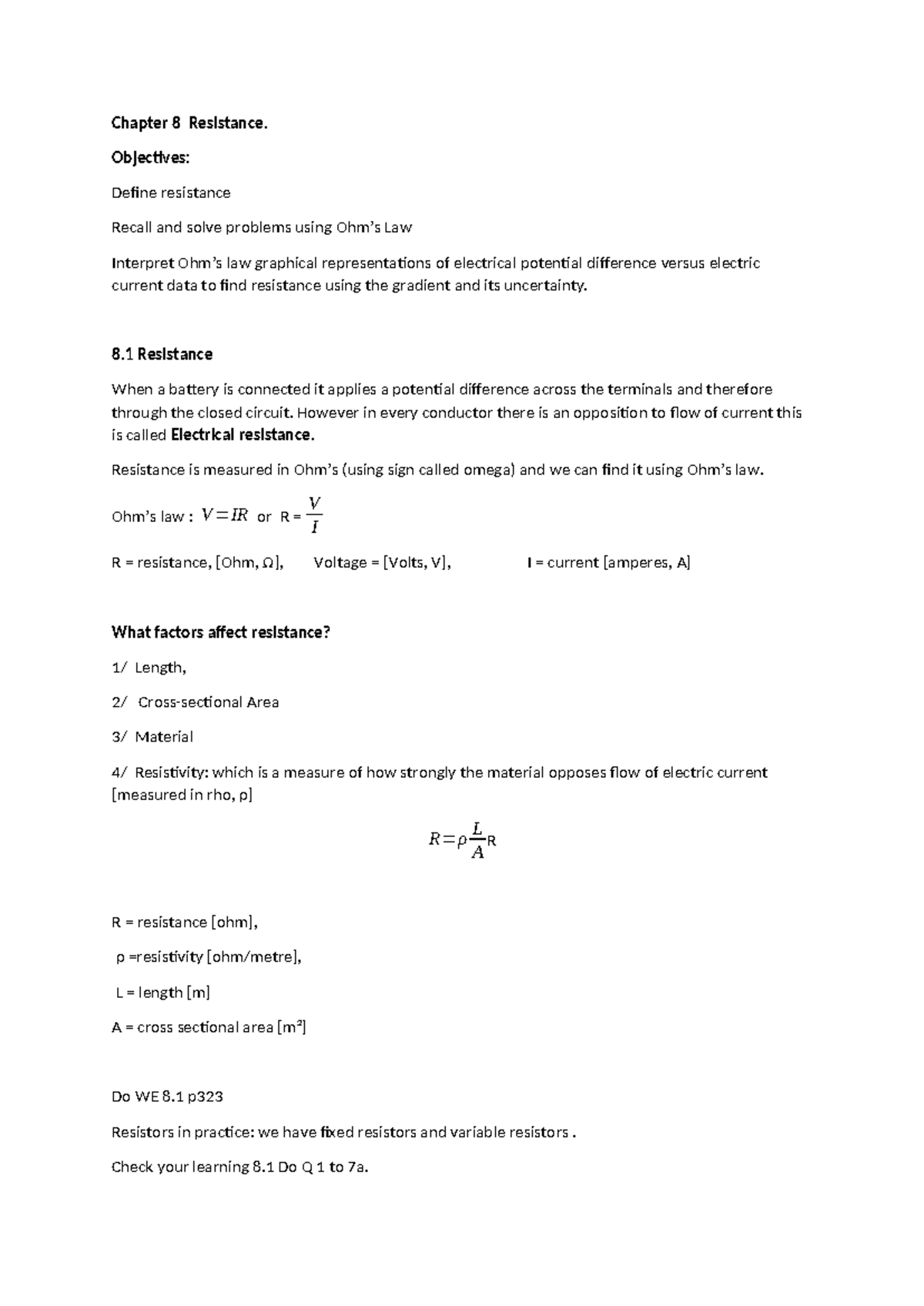 Chapter 8 Resistance - notes - Chapter 8 Resistance. Objectives: Define ...