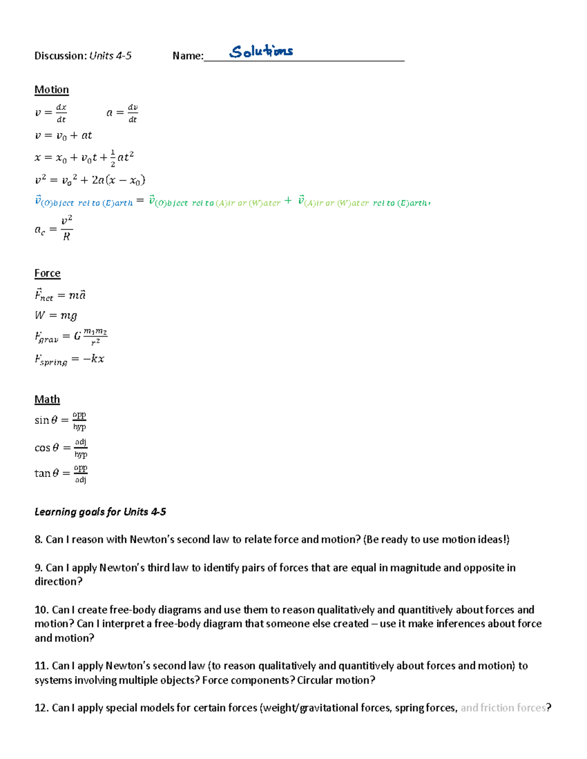 Discussion 4-5 Solutions - Discussion: Units 4-5 Name:___________________________________ Motion ...
