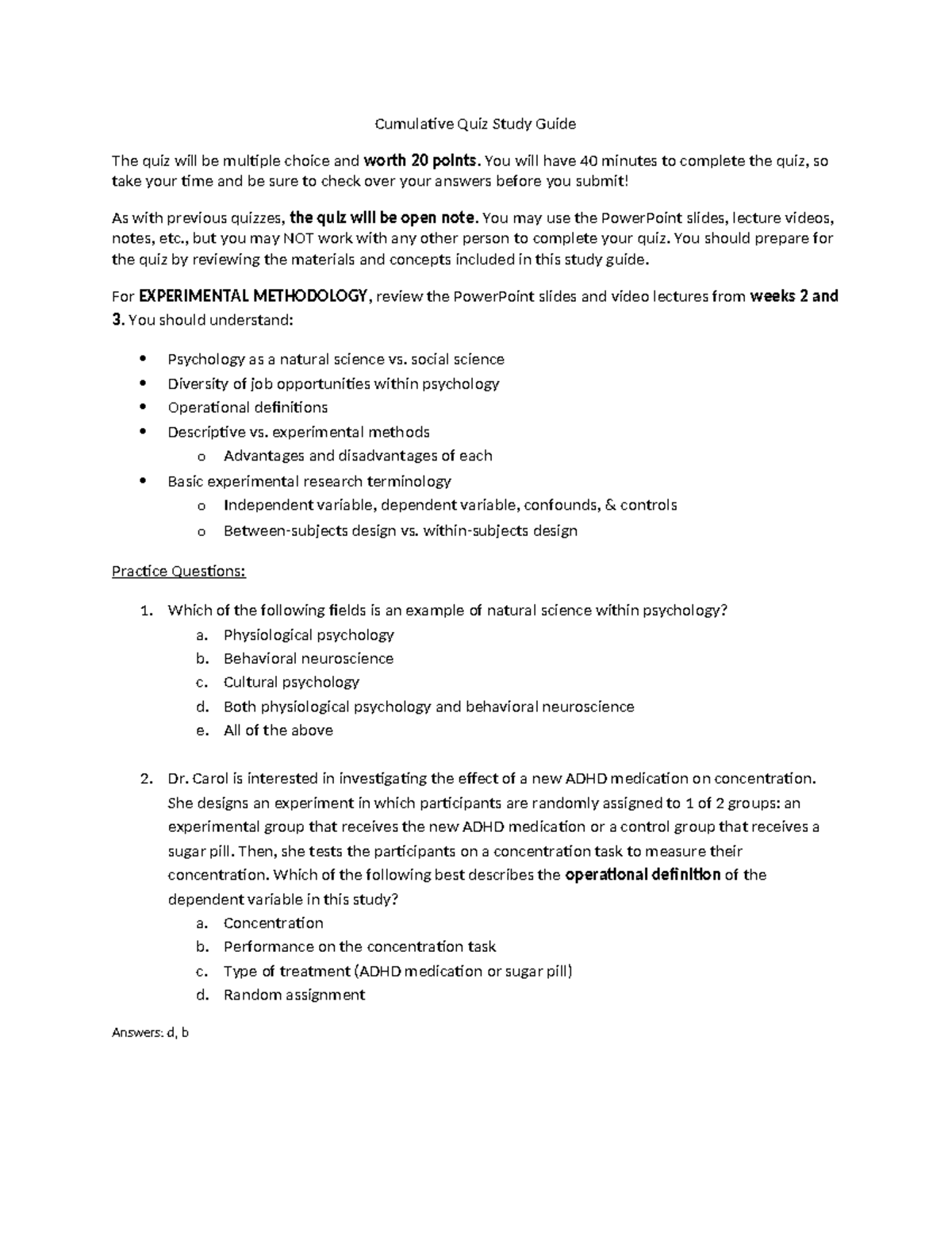 Cumulative Quiz Study Guide - You will have 40 minutes to complete the ...