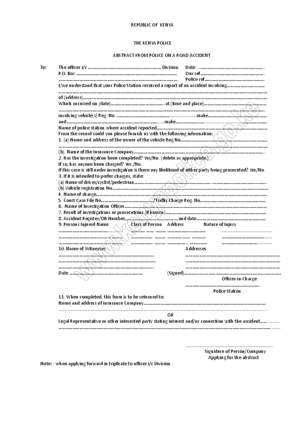Accident Abstract - NOTES - REPUBLIC OF KENYA THE KENYA POLICE ABSTRACT ...