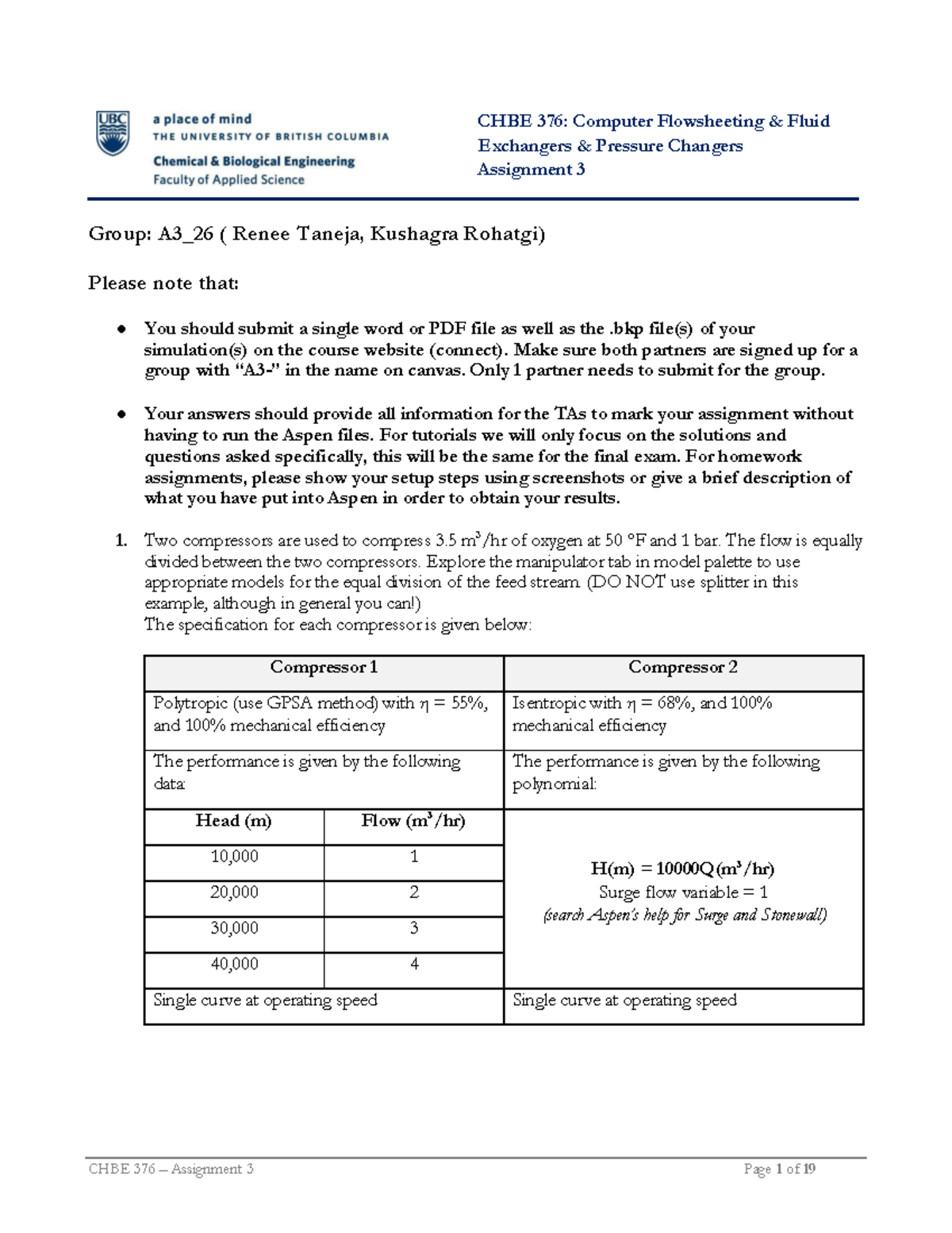 A3 - Assignment practice - CHBE 376: Computer Flowsheeting & Fluid Exchangers & Pressure - Studocu