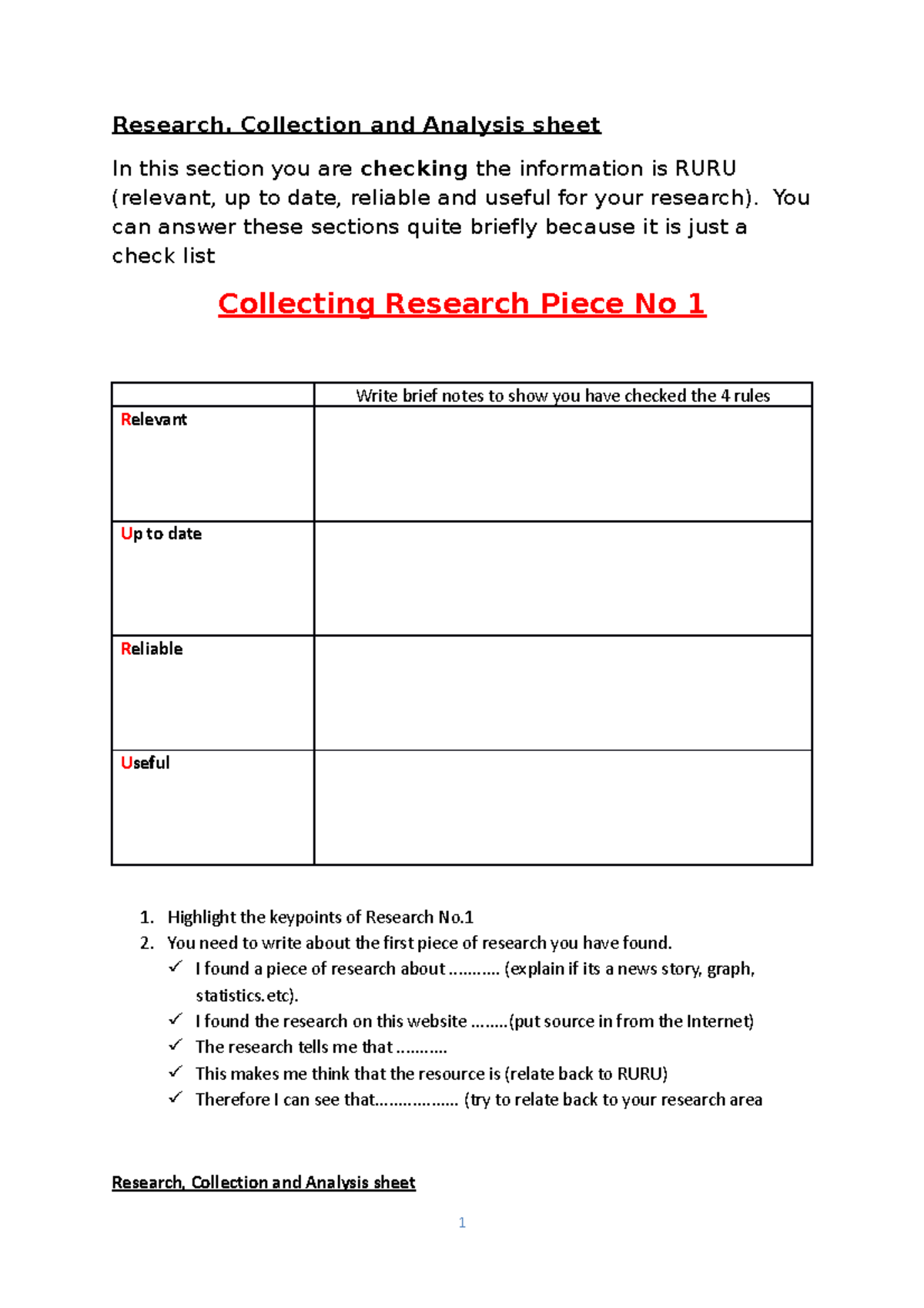 RURU structure for essays - Research, Collection and Analysis sheet In ...